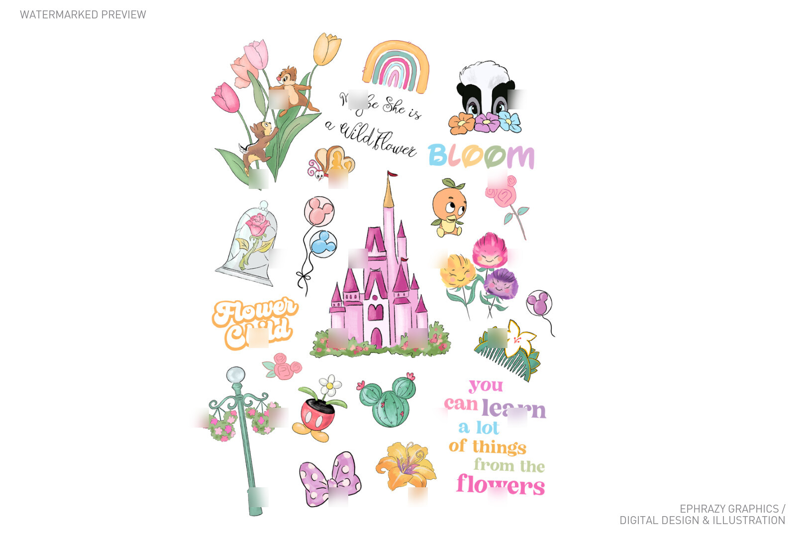 Hand-drawn spring Disney-themed clipart featuring a floral castle ...