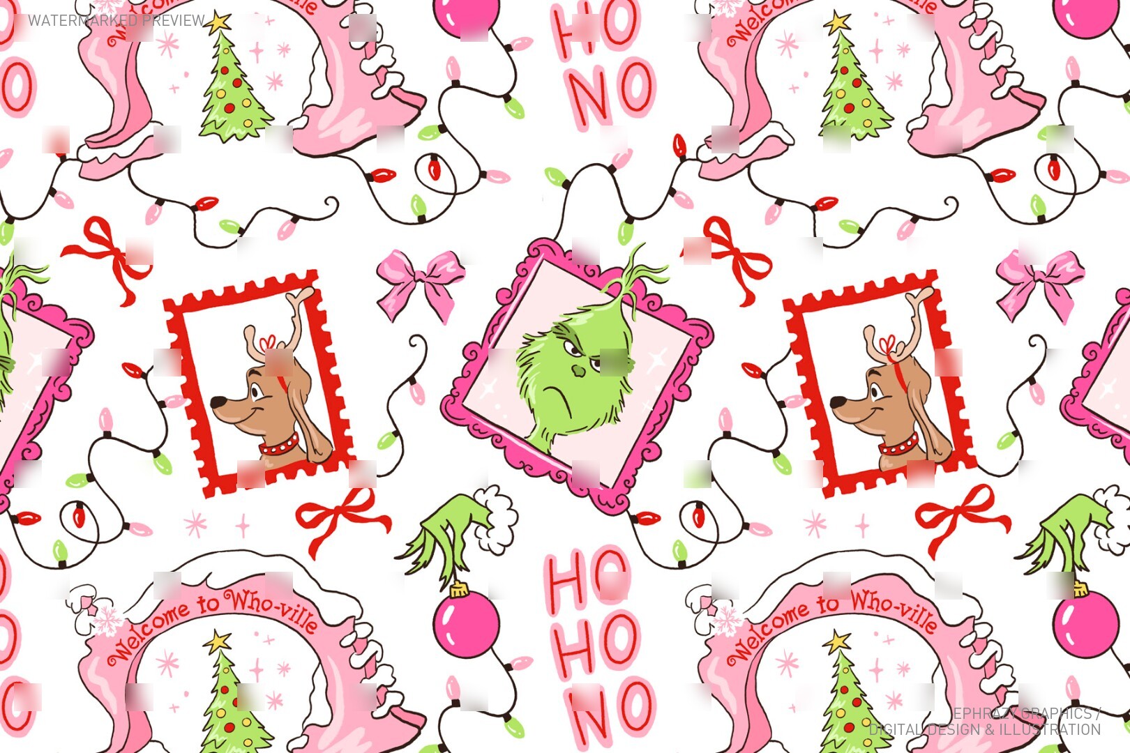 Christmas Grinch Pink Coquette Aesthetic Garland Tree Digital Seamless ...