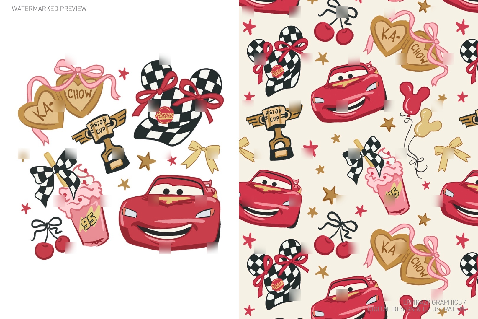 Lightning McQueen Cars Digital PNG Clipart & Seamless Patterns Set ...